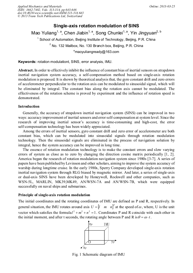 Single-Axis Rotation Modulation of SINS | Scientific.Net