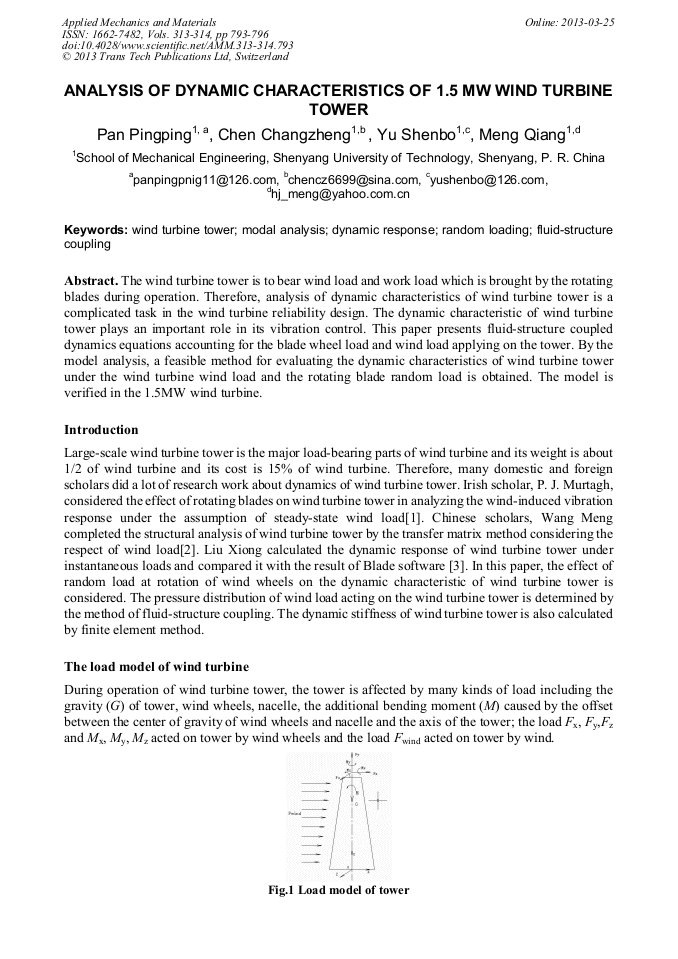 Analysis of Dynamic Characteristics of 1.5 MW Wind Turbine Tower ...