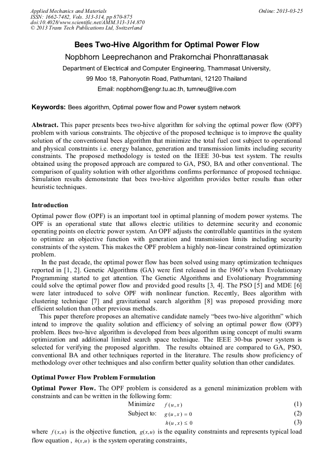 Bees Two-Hive Algorithm for Optimal Power Flow | Scientific.Net