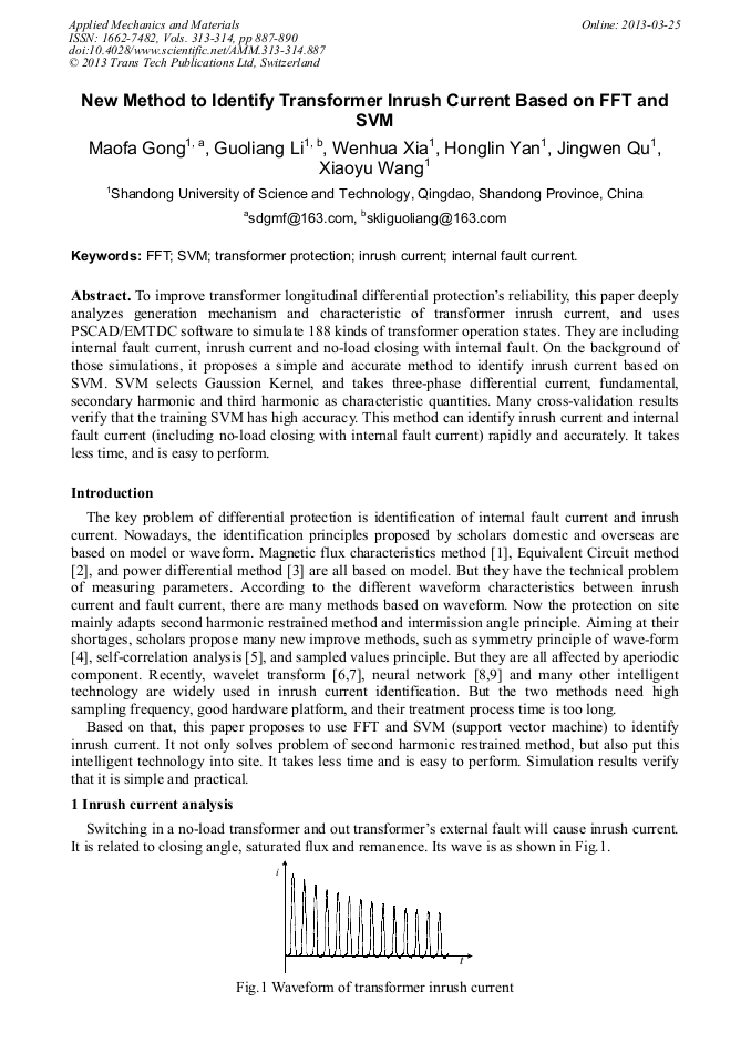 New Method to Identify Transformer Inrush Current Based on FFT and SVM | Scientific.Net