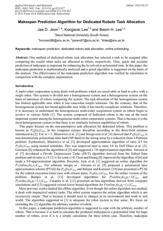 Makespan Prediction Algorithm for Dedicated Robots Task Allocation | Scientific.Net