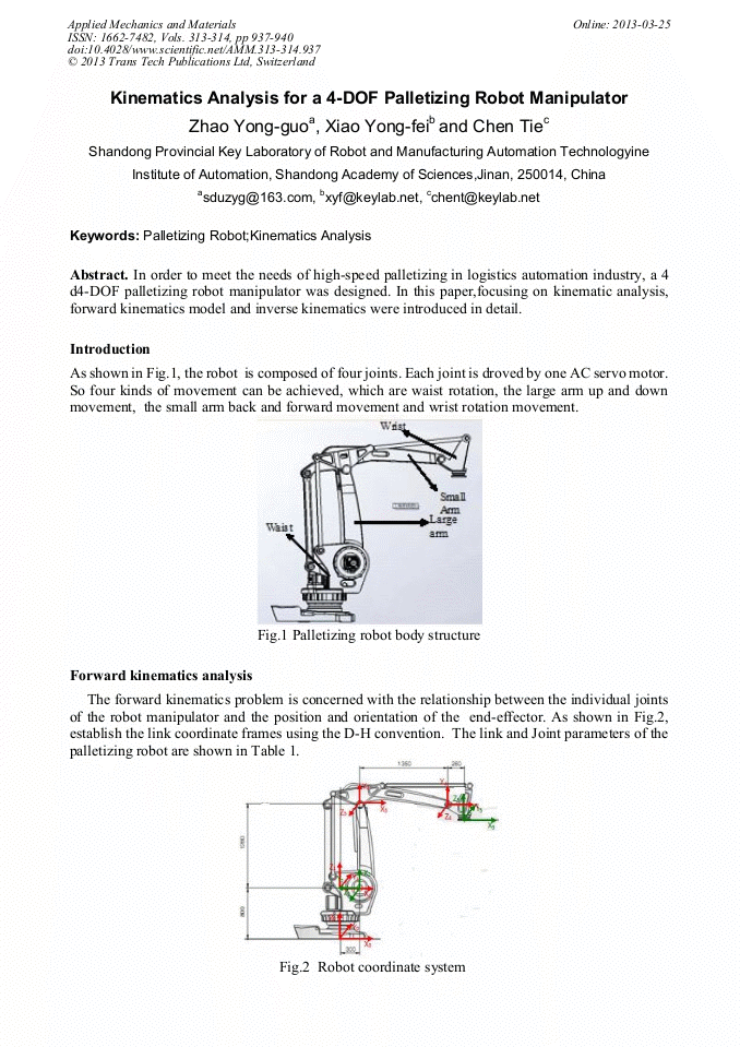 Kinematics Analysis for a 4-DOF Palletizing Robot Manipulator | Scientific.Net