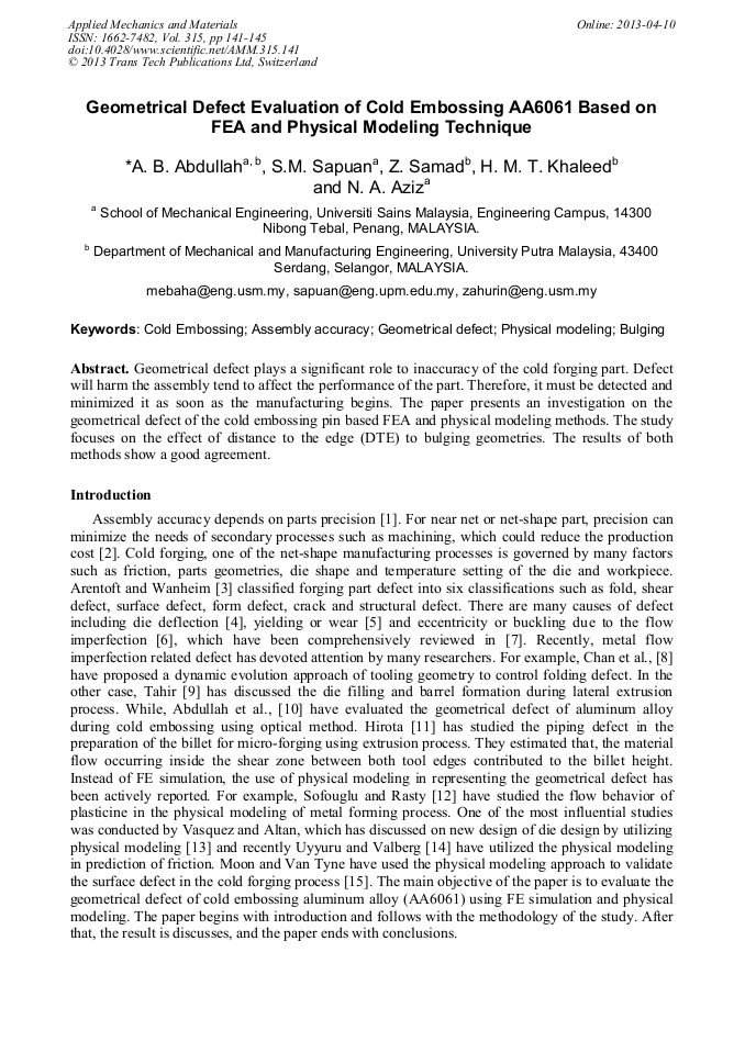 Geometrical Defect Evaluation of Cold Embossing AA6061 Based on FEA and ...