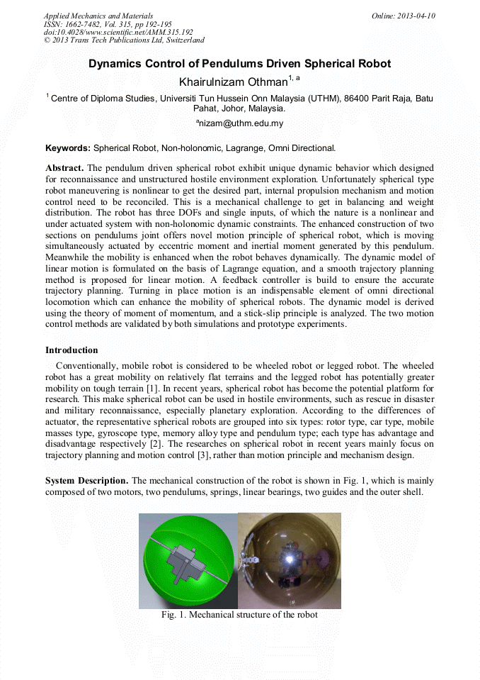 Dynamics Control of Pendulums Driven Spherical Robot | Scientific.Net