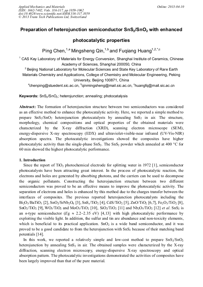 Preparation of Heterojunction Semiconductor SnS2/SnO2 with Enhanced ...