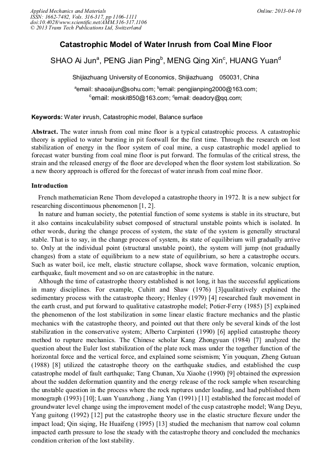 Catastrophic Model of Water Inrush from Coal Mine Floor | Scientific.Net