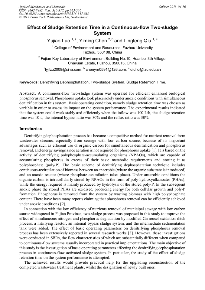 Effect of Sludge Retention Time in a Continuous-Flow Two-Sludge System ...