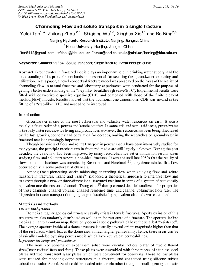Channeling Flow and Solute Transport in a Single Fracture | Scientific.Net