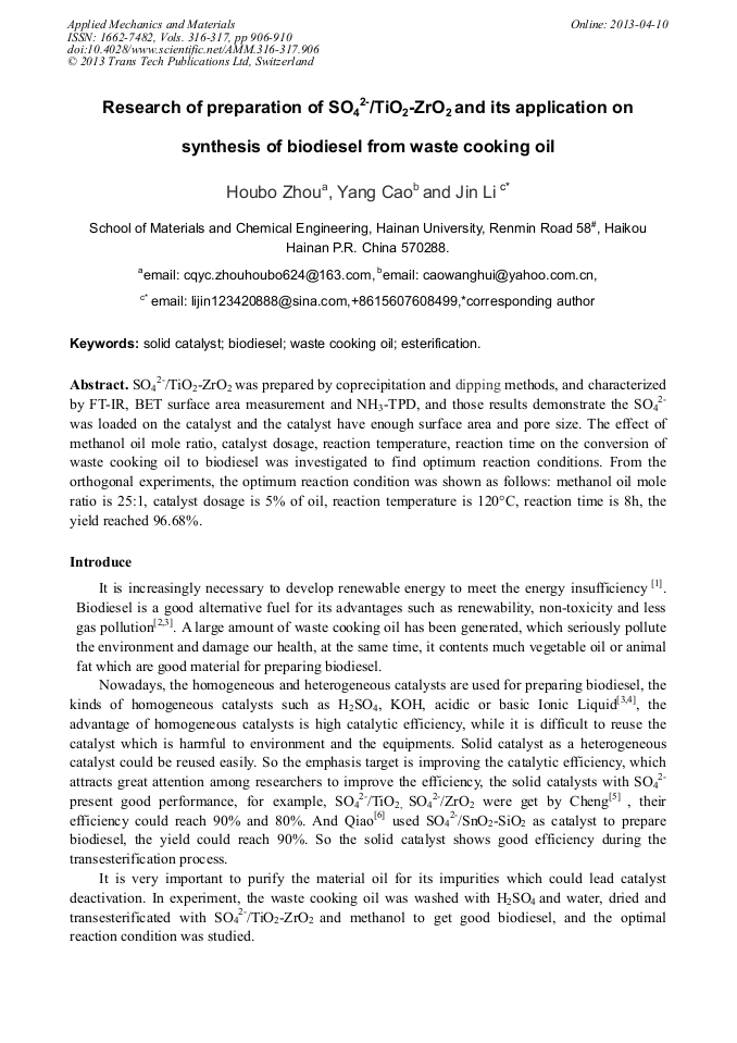 Research of Preparation of SO42-/TiO2-ZrO2 and its Application on ...