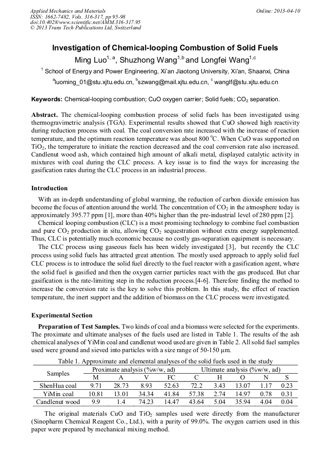 Investigation of Chemical-Looping Combustion of Solid Fuels | Scientific.Net