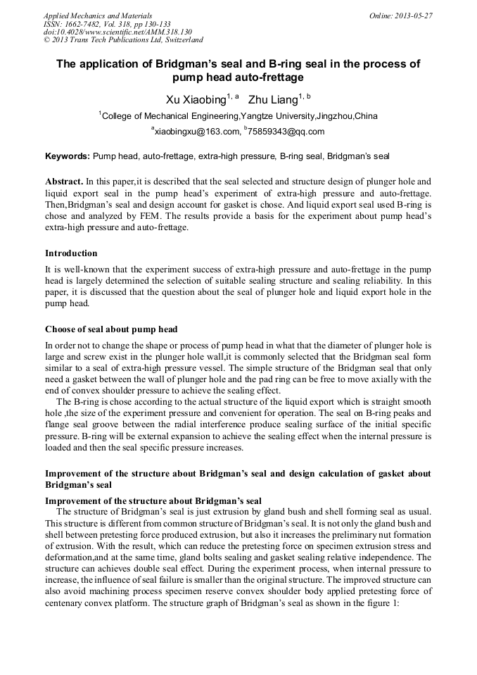 The Application of Bridgman’s Seal and B-Ring Seal in the Process of ...
