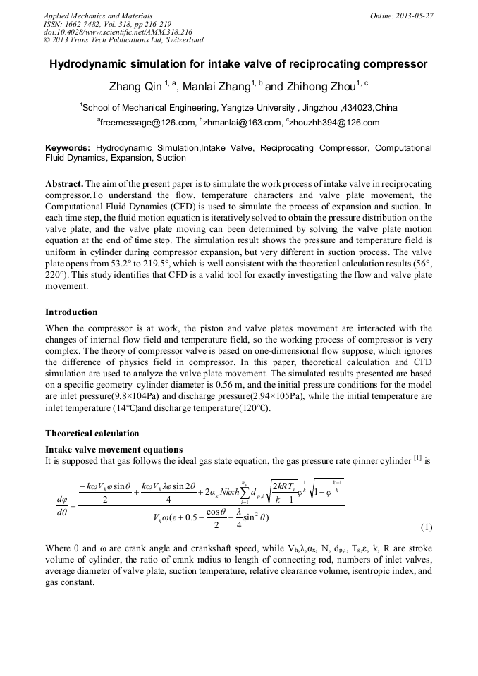 Hydrodynamic Simulation for Intake Valve of Reciprocating Compressor ...