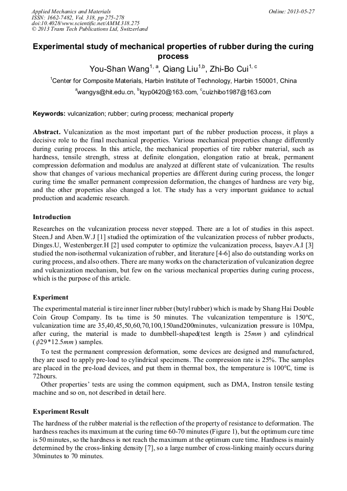 Experimental Study of Mechanical Properties of Rubber during the Curing ...
