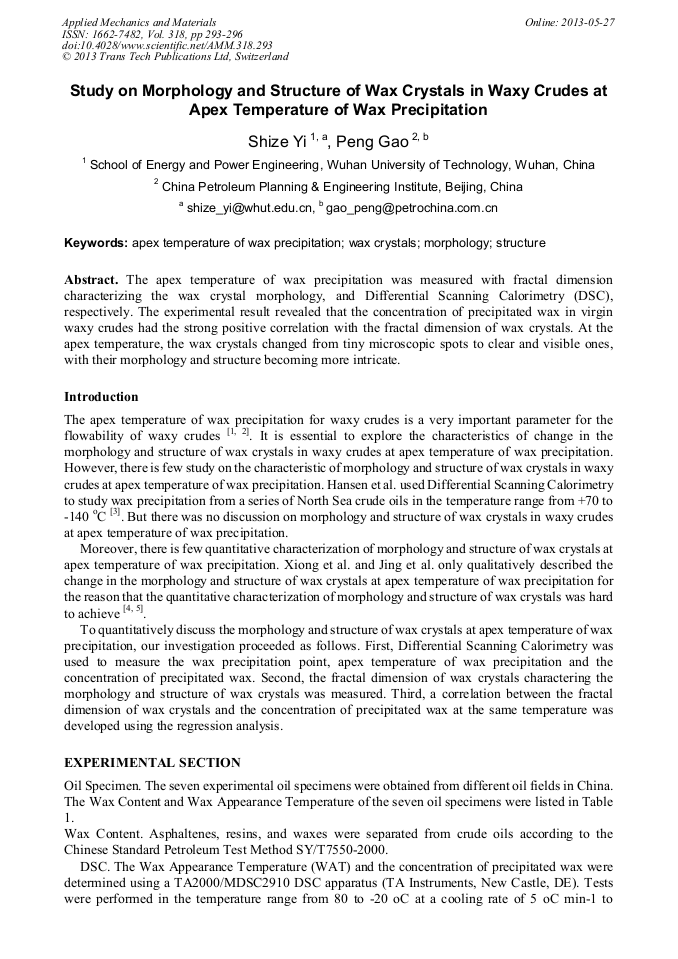 Study on Morphology and Structure of Wax Crystals in Waxy Crudes at ...