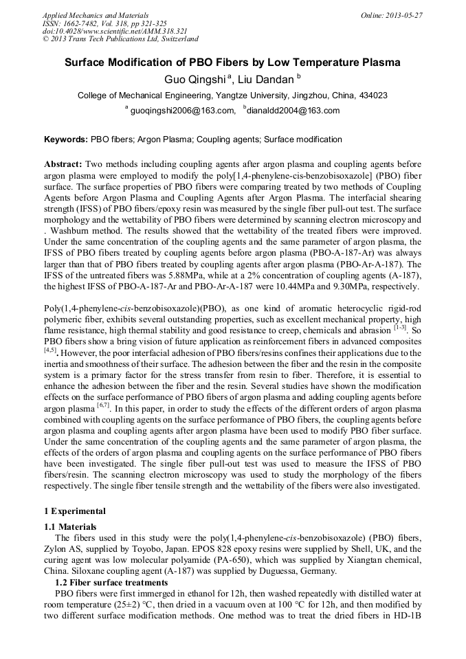 Surface Modification of PBO Fibers by Low Temperature Plasma ...