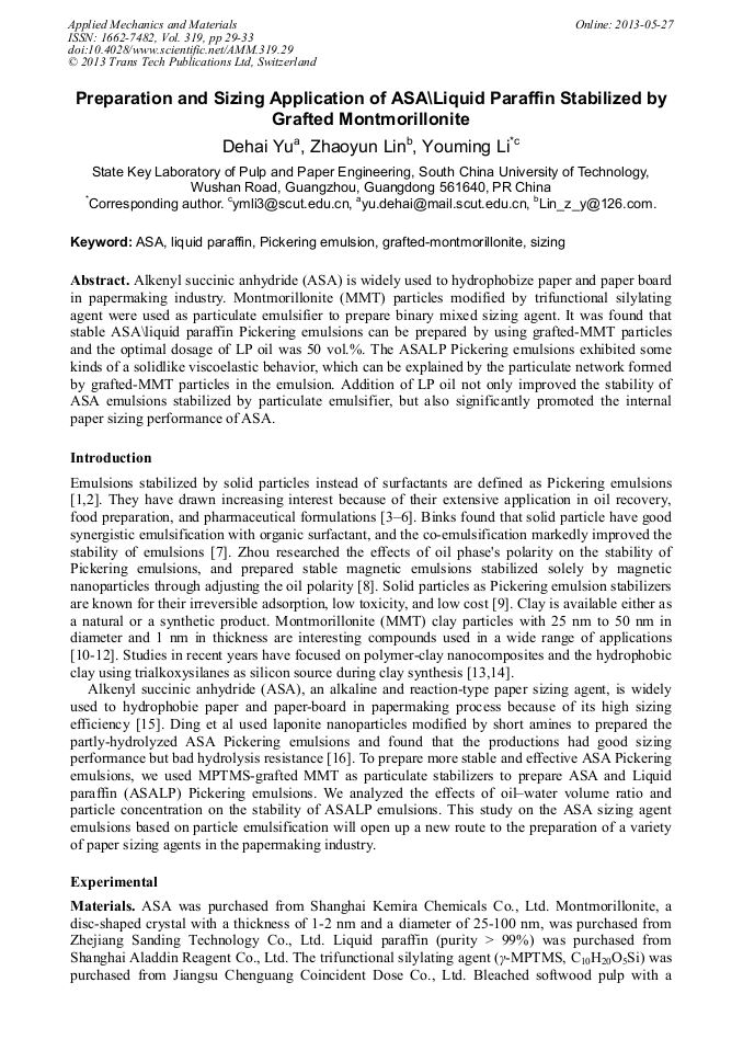 Preparation and Sizing Application of ASA\Liquid Paraffin Stabilized by ...