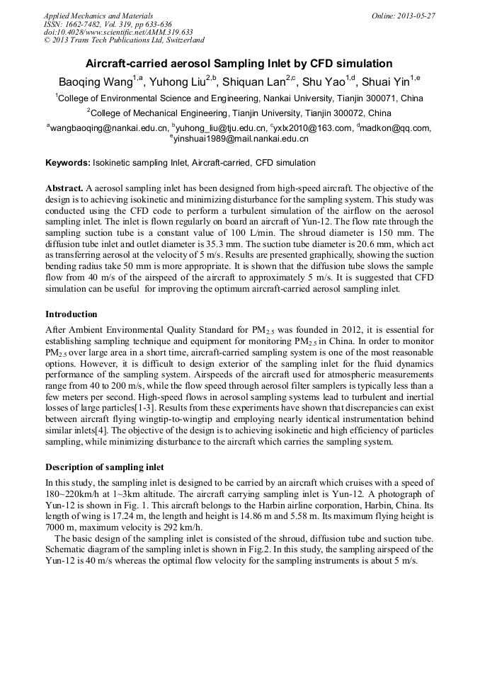 Aircraft-Carried Aerosol Sampling Inlet by CFD Simulation | Scientific.Net