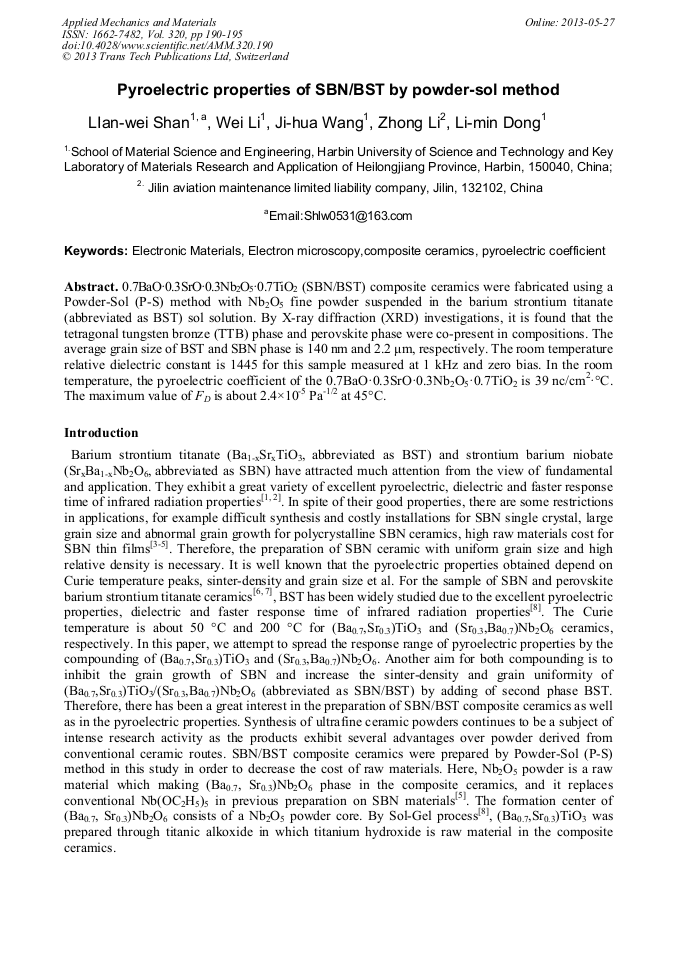 Pyroelectric Properties of SBN/BST by Powder-Sol Method | Scientific.Net