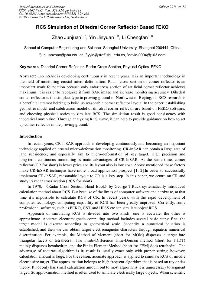 RCS Simulation of Dihedral Corner Reflector Based FEKO | Scientific.Net