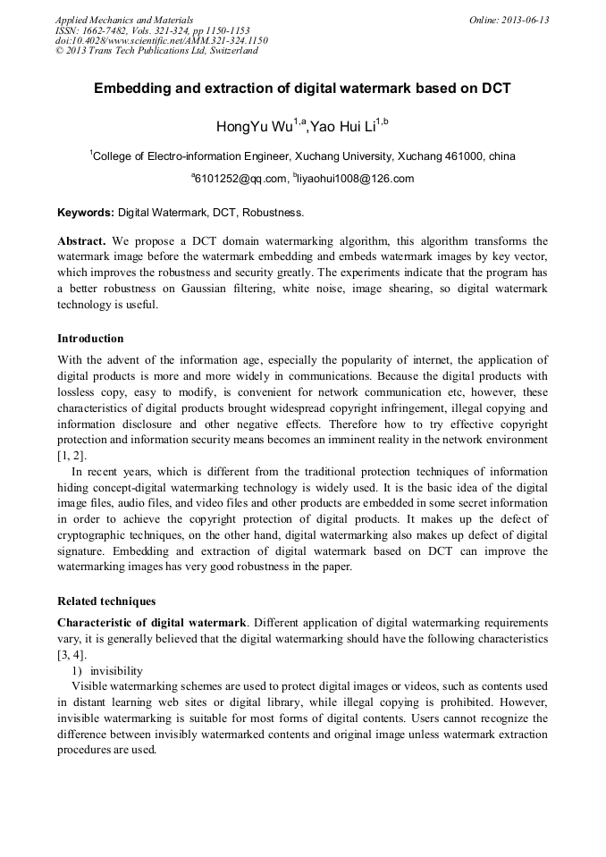 Embedding and Extraction of Digital Watermark Based on DCT | Scientific.Net