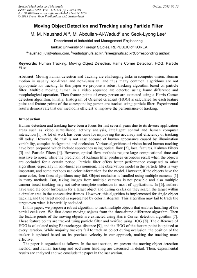Moving Object Detection and Tracking Using Particle Filter | Scientific.Net