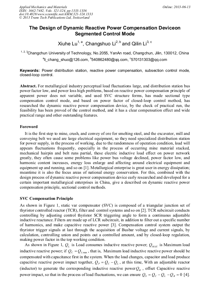 The Design of Dynamic Reactive Power Compensation Device on Segmented Control Mode | Scientific.Net
