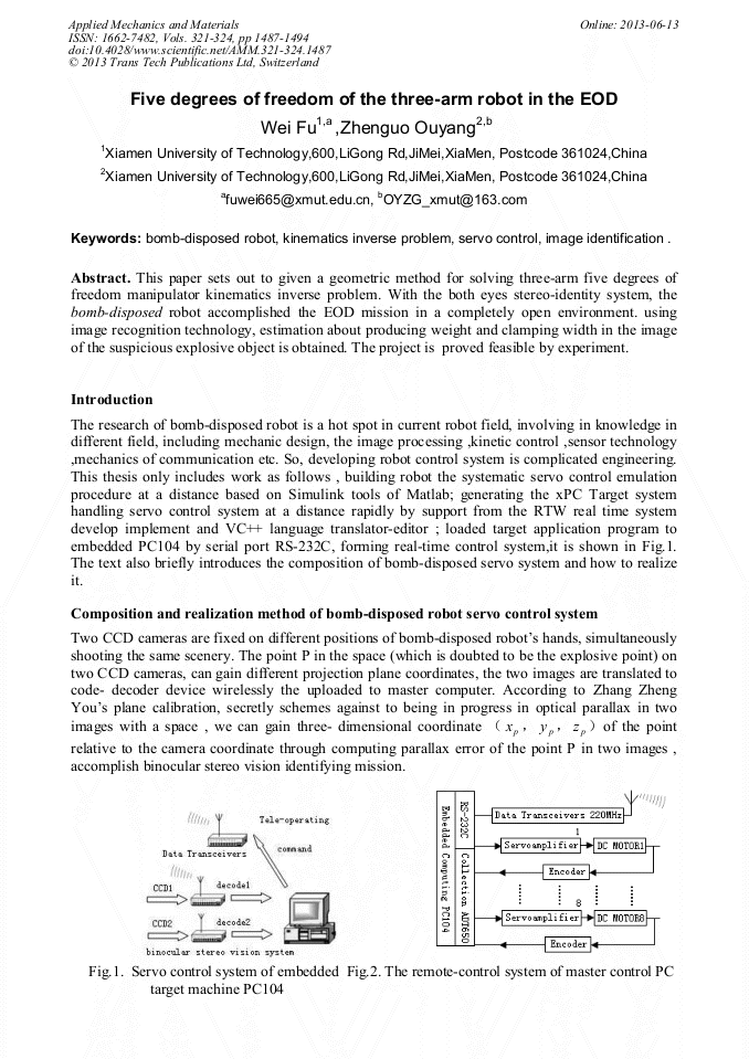 Five Degrees of Freedom of the Three-Arm Robot in the EOD | Scientific.Net