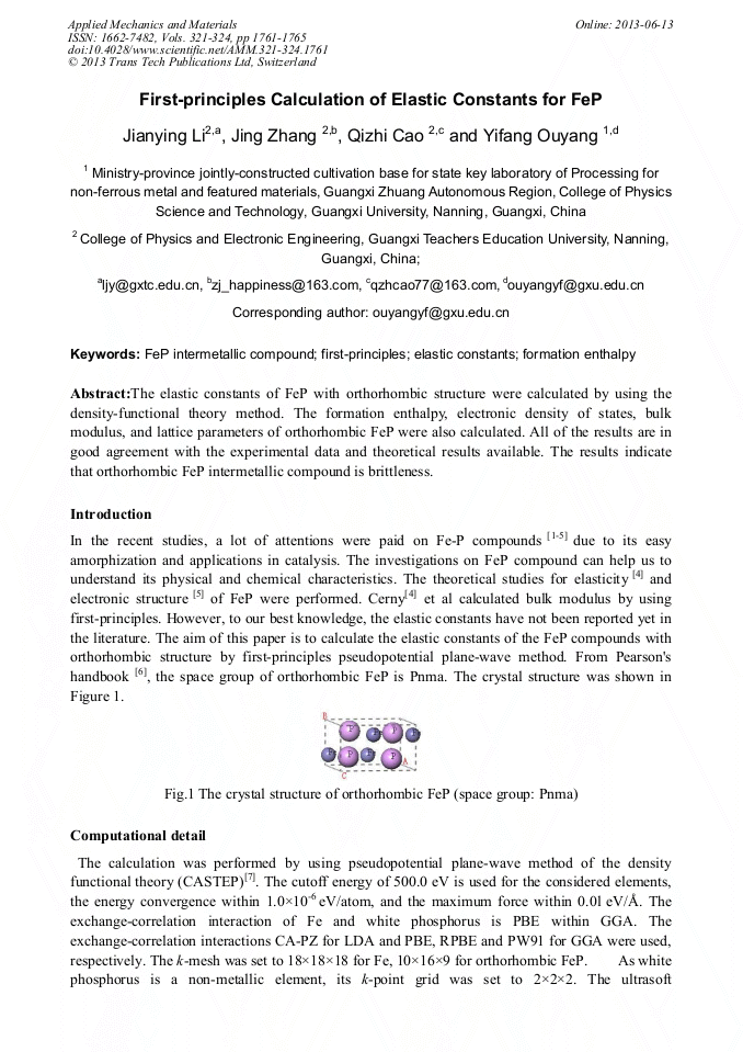 First-Principles Calculation of Elastic Constants for FeP | Scientific.Net
