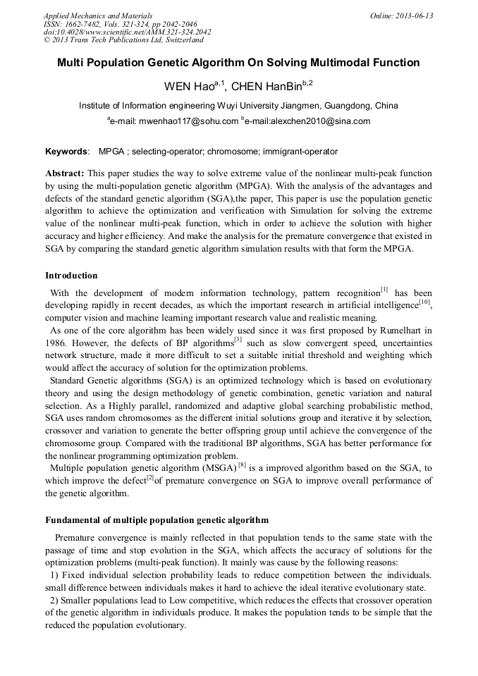 Multi Population Genetic Algorithm on Solving Multimodal Function | Scientific.Net