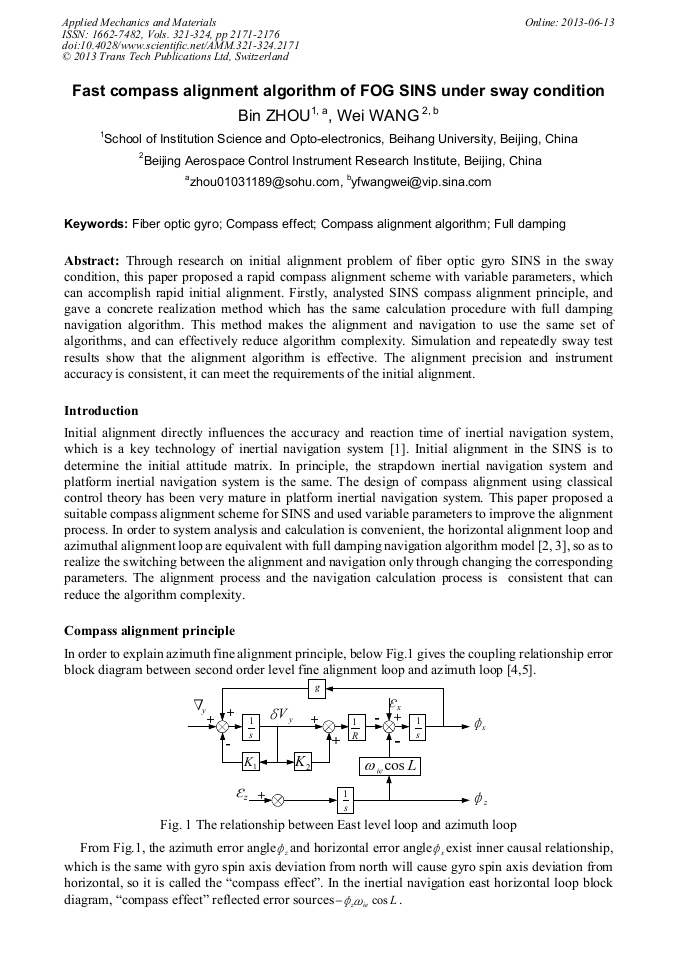 Fast Compass Alignment Algorithm of FOG SINS under Sway Condition ...