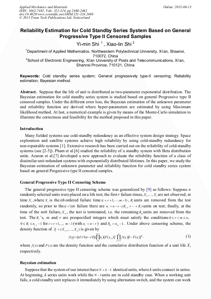 Reliability Estimation for Cold Standby Series System Based on General ...
