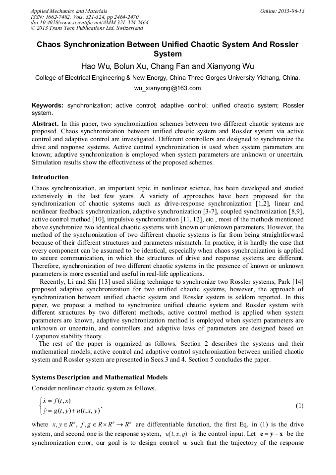 Chaos Synchronization Between Unified Chaotic System And Rossler System | Scientific.Net