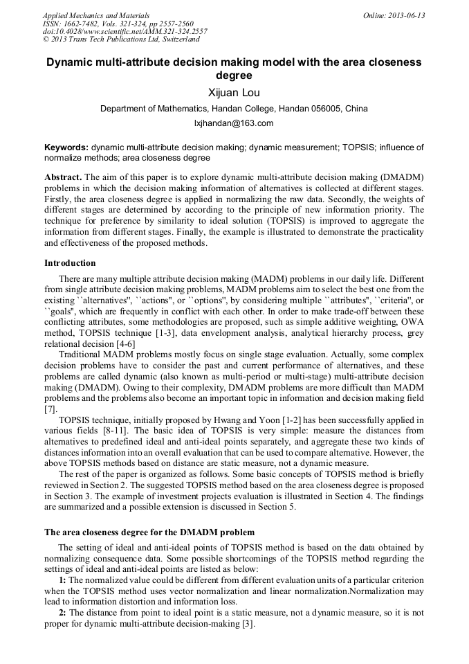 Dynamic Multi-Attribute Decision Making Model with the Area Closeness ...