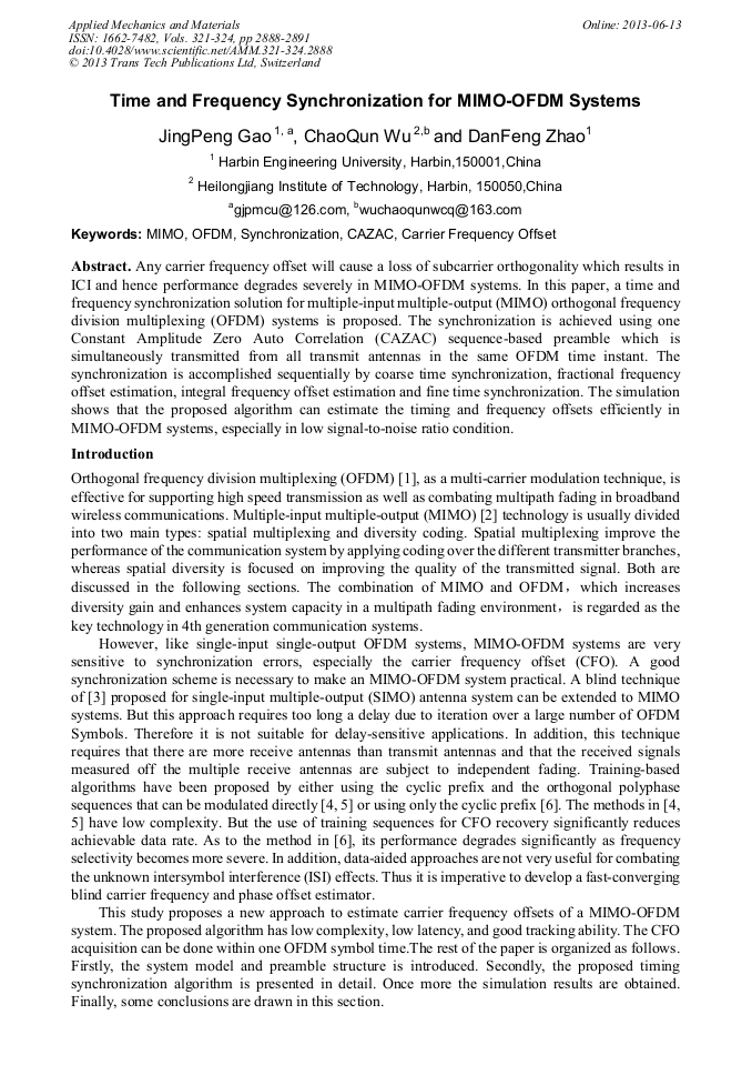 Time and Frequency Synchronization for MIMO-OFDM Systems | Scientific.Net