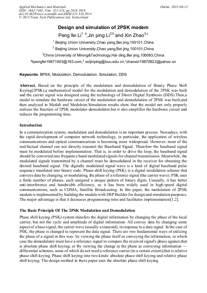 Design and Simulation of 2PSK Modem | Scientific.Net