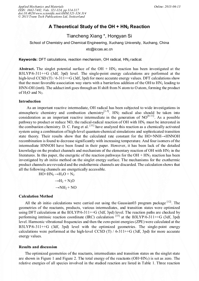 A Theoretical Study of the OH + HN2 Reaction | Scientific.Net