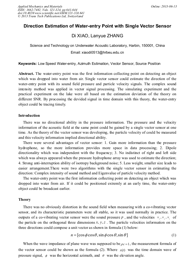 Direction Estimation of Water-Entry Point with Single Vector Sensor ...