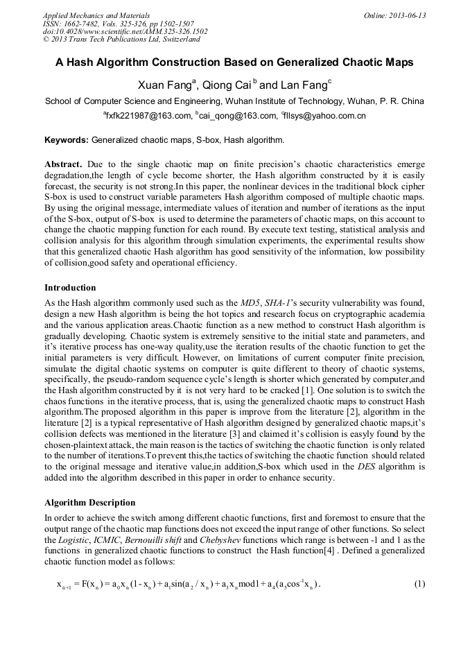 A Hash Algorithm Construction Based on Generalized Chaotic Maps ...