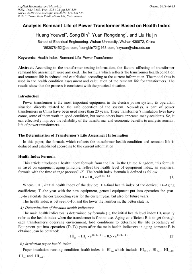Analysis Remnant Life of Power Transformer Based on Health Index ...