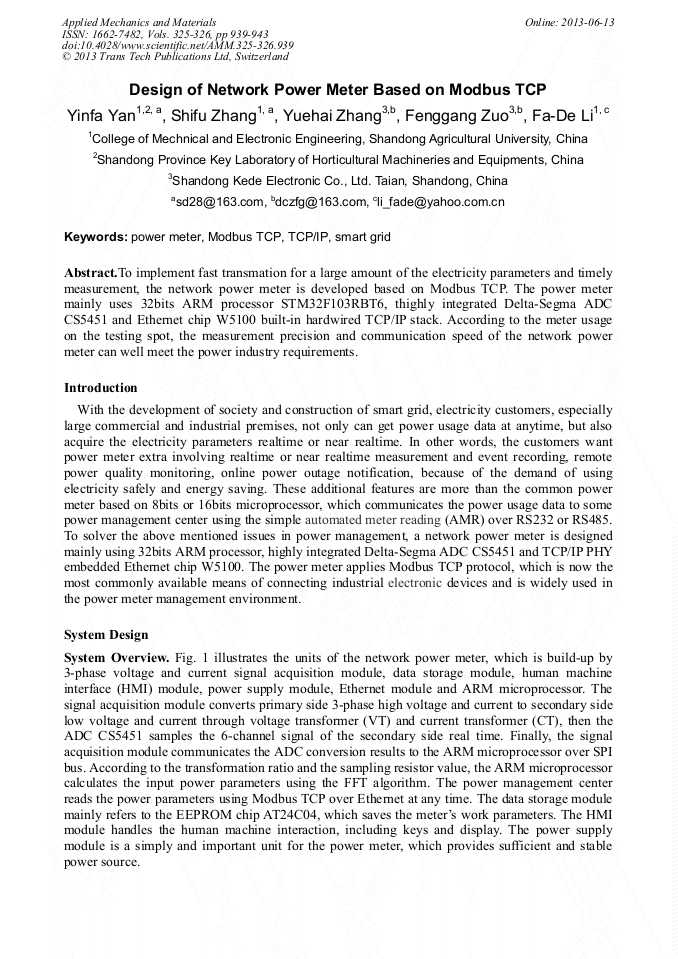Design of Network Power Meter Based on Modbus TCP | Scientific.Net