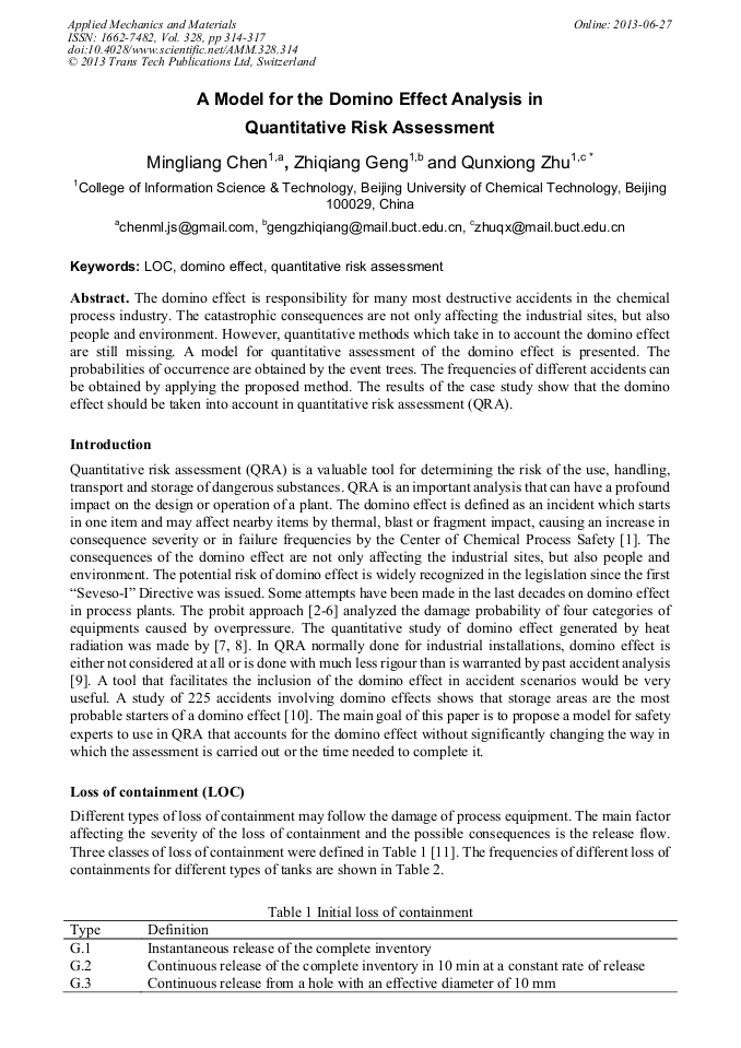 A Model for the Domino Effect Analysis in Quantitative Risk Assessment ...