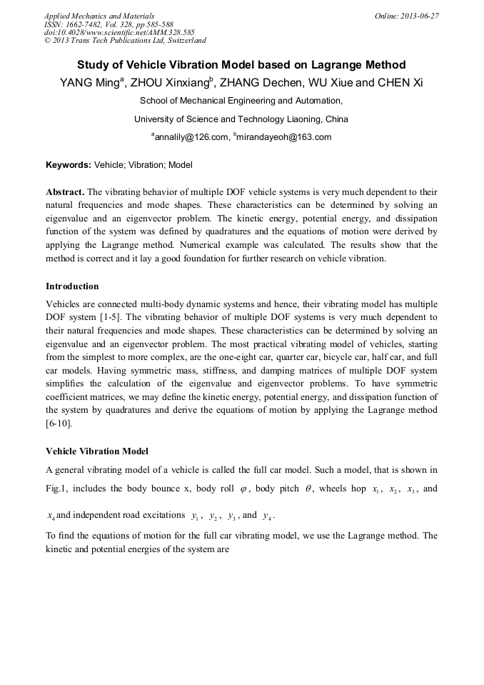 Study of Vehicle Vibration Model Based on Lagrange Method | Scientific.Net