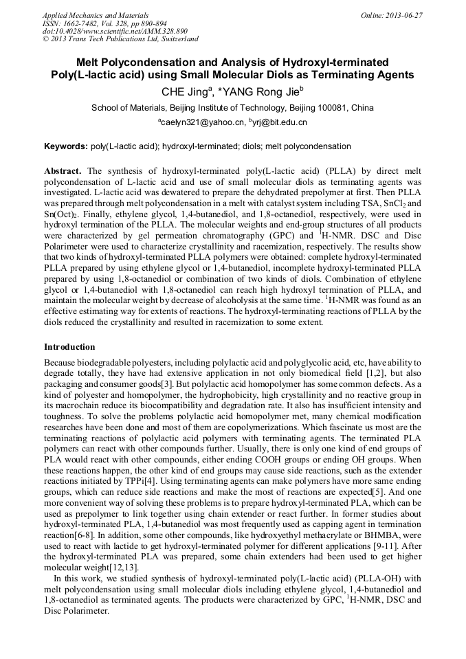 Melt Polycondensation and Analysis of Hydroxyl-Terminated Poly(L-lactic ...