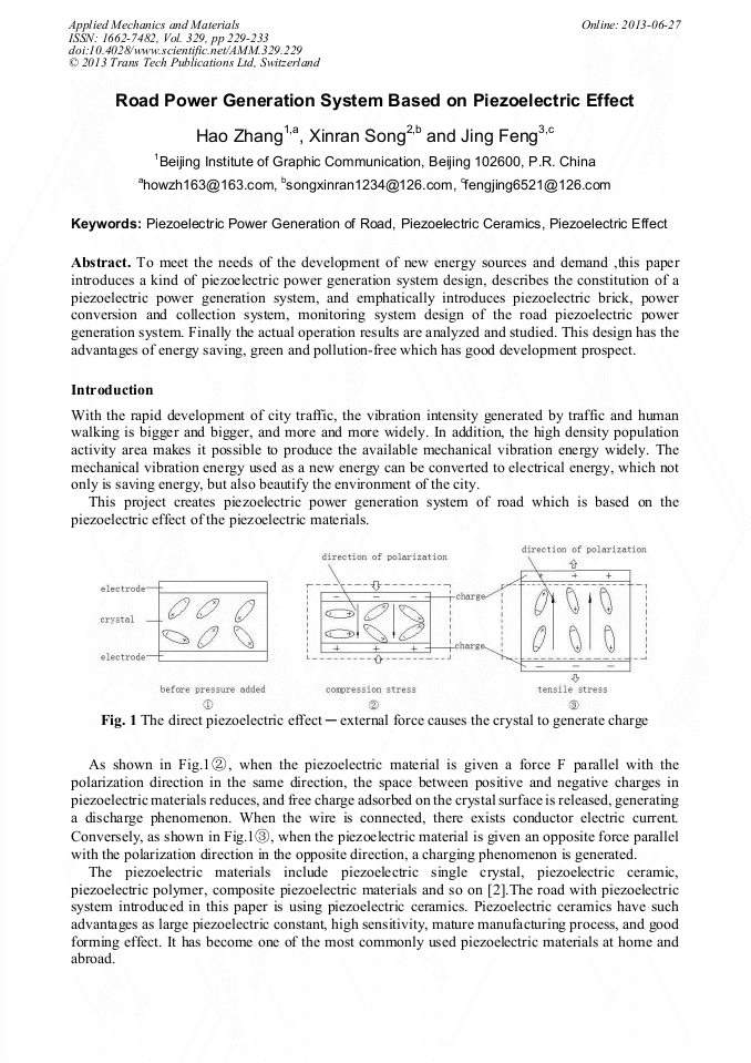 Road Power Generation System Based on Piezoelectric Effect | Scientific.Net