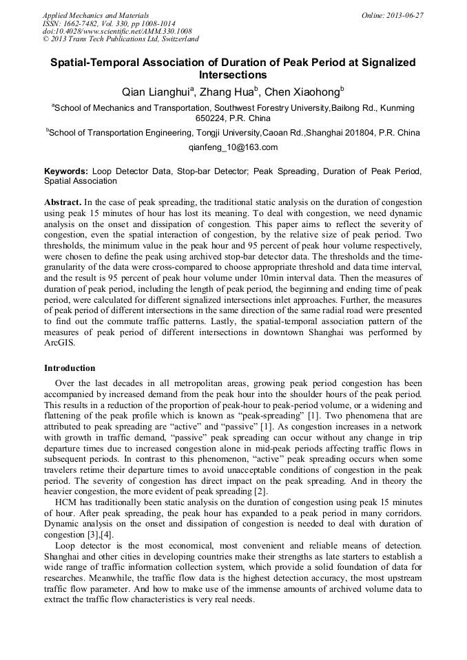 Spatial-Temporal Association of Duration of Peak Period at Signalized ...