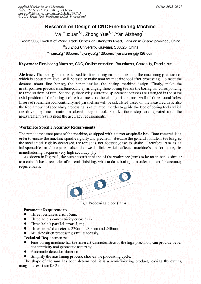 Research on Design of CNC Fine-Boring Machine | Scientific.Net