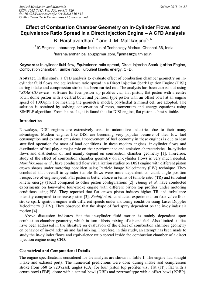 Effect of Combustion Chamber Geometry on In-Cylinder Flows and Equivalence Ratio Spread in a ...
