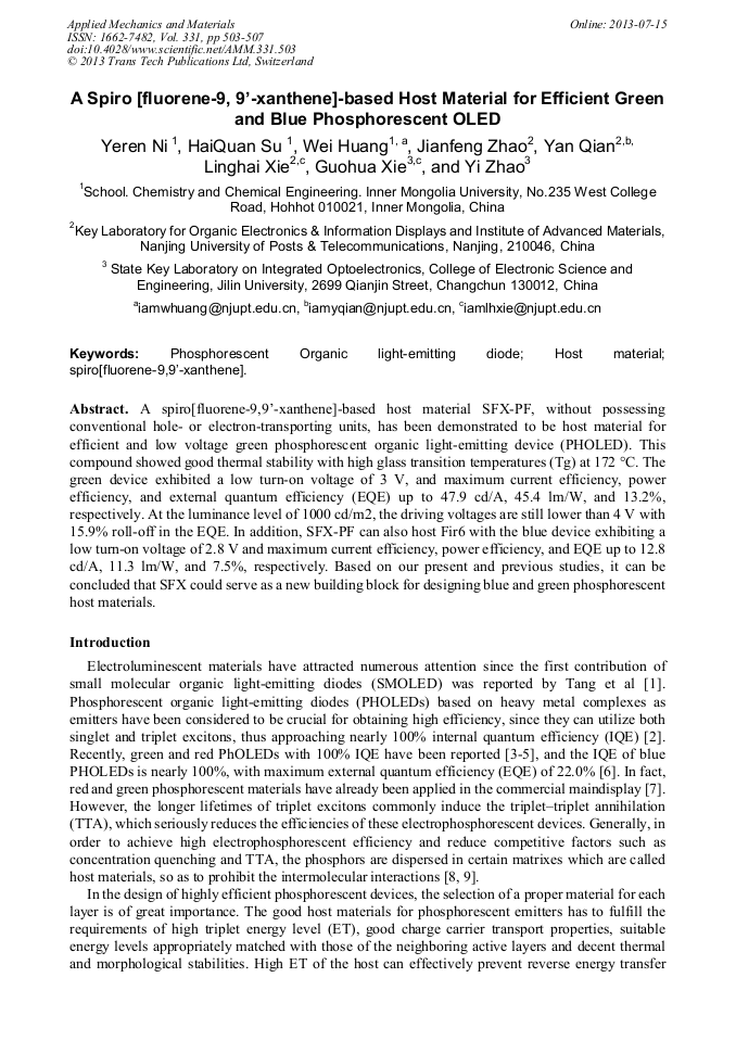 A Spiro [Fluorene-9, 9’-Xanthene]-Based Host Material for Efficient ...
