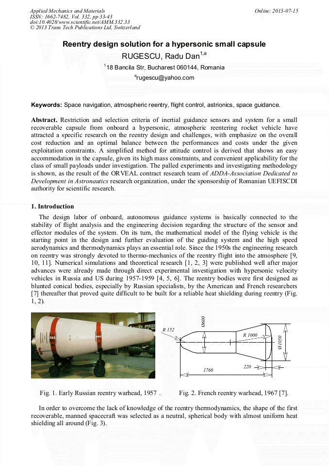 Reentry Design Solution for a Hypersonic Small Capsule | Scientific.Net