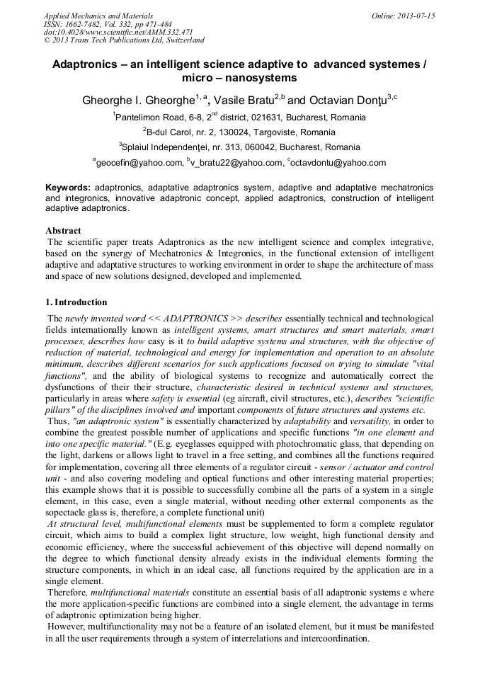 Adaptronics - an Intelligent Science Adaptive to Advanced Systemes ...